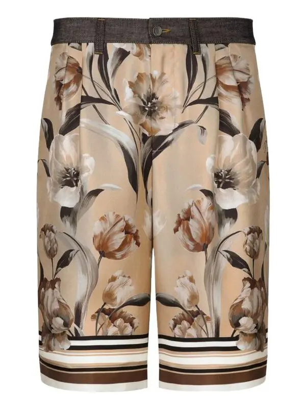 Dolce & Gabbana Floral Print Paneled Denim Shorts - Nude