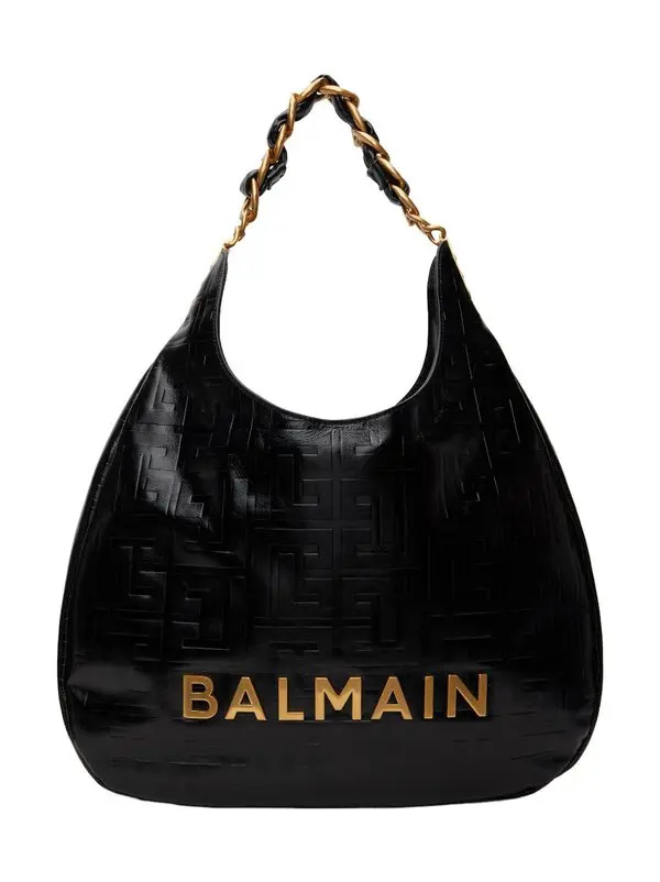 Balmain 1945 Soft Hobo Crinkled Leather Tote Bag With Monogram - Black