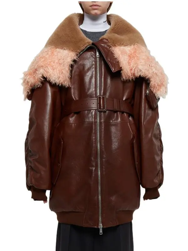 Prada Oversized Leather Bomber With Shearling Collar - Tobacco Color