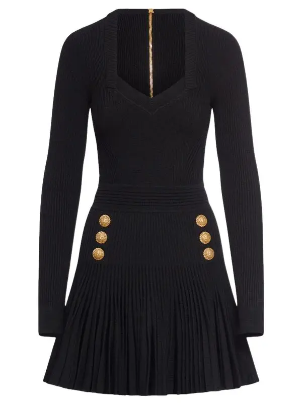 Balmain Ribbed Knit Flared Mini Dress - Black