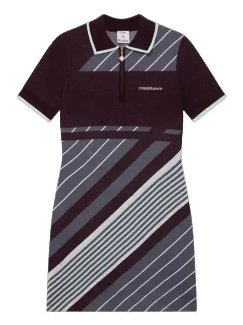 Casablanca Striped Polo Dress With Quarter Zip - Burgundy