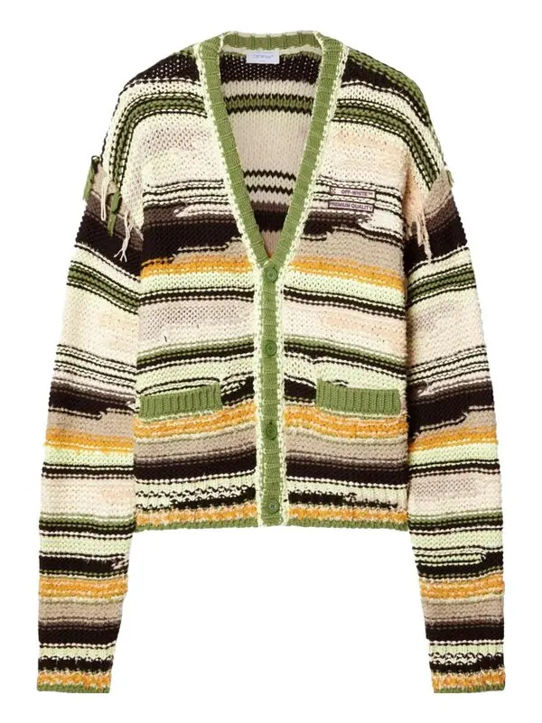 Off-White Striped V-neck Knitted Cardigan - Multicolor