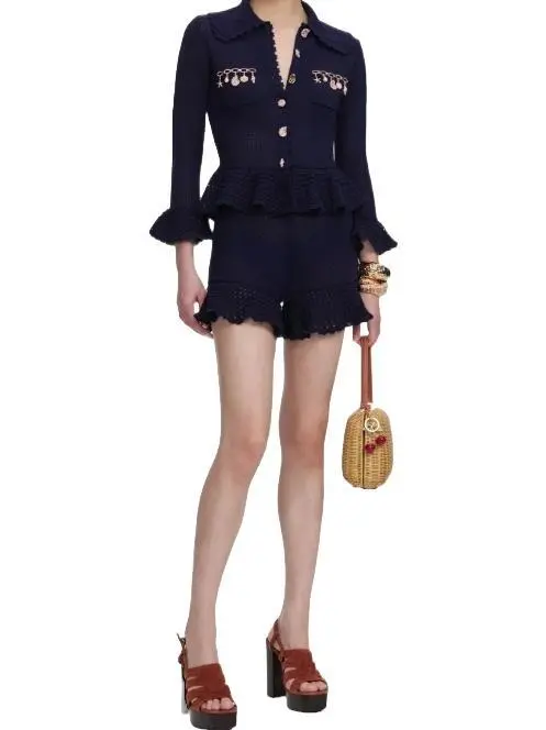 SELF-PORTRAIT Crochet Ruffled Shorts - Navy Blue
