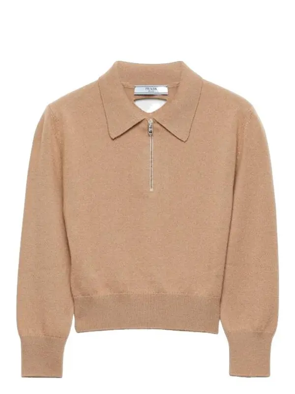 Prada Half-zip Knitted Polo Jumper - Camel Brown