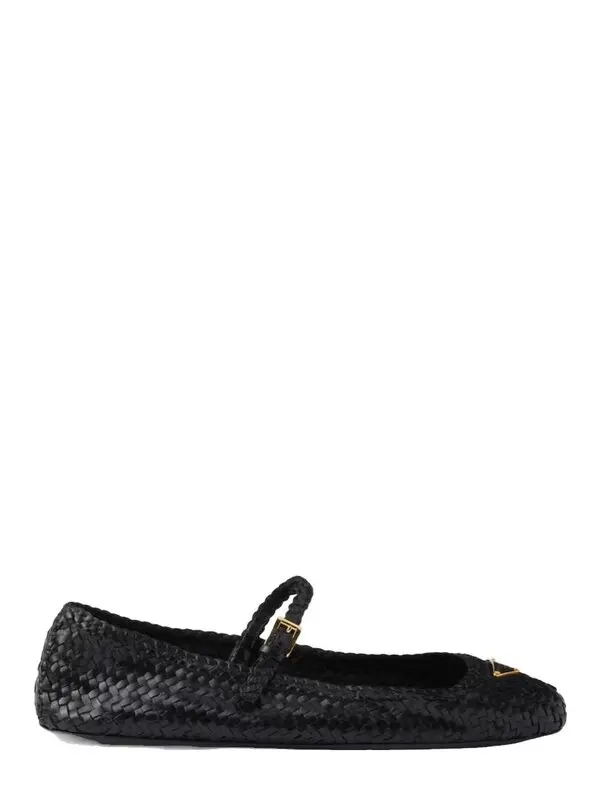 Prada Woven Ballerinas With Metal Buckle Detail - Black