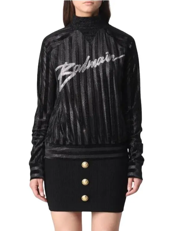 Balmain Logo Embellished Rhinestone Sweatshirt - Black