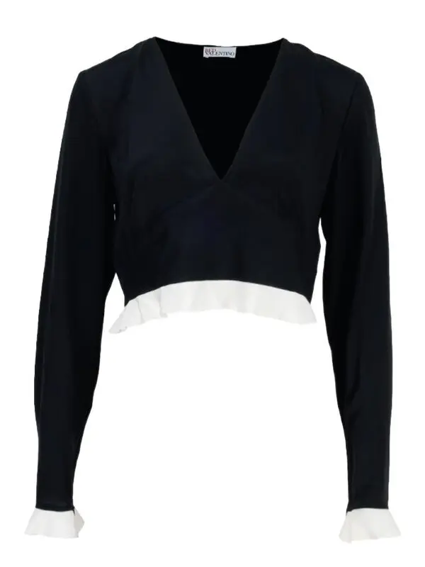 Red Valentino V-neck Blouse With Ruffled Detailing - Black