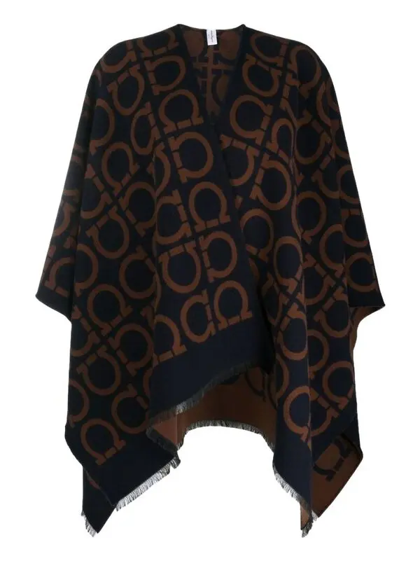FERRAGAMO Logo Print Wool Silk Blend Cape - Black