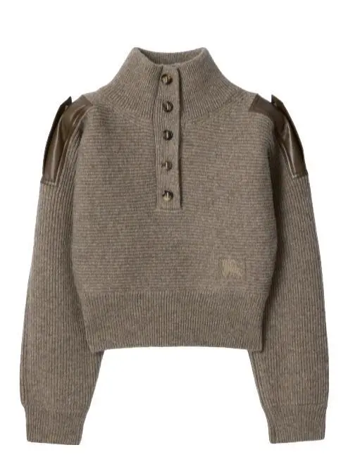 Burberry Half-button High Neck Jumper With Leather Epaulettes - Beige Mixed Colors