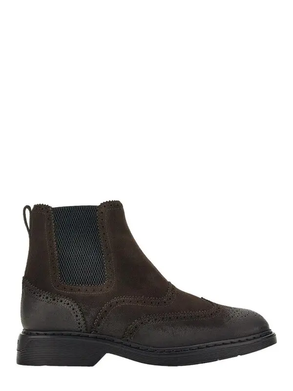 Hogan Round-toe Suede Chelsea Boots With Wingtip Detailing - Black