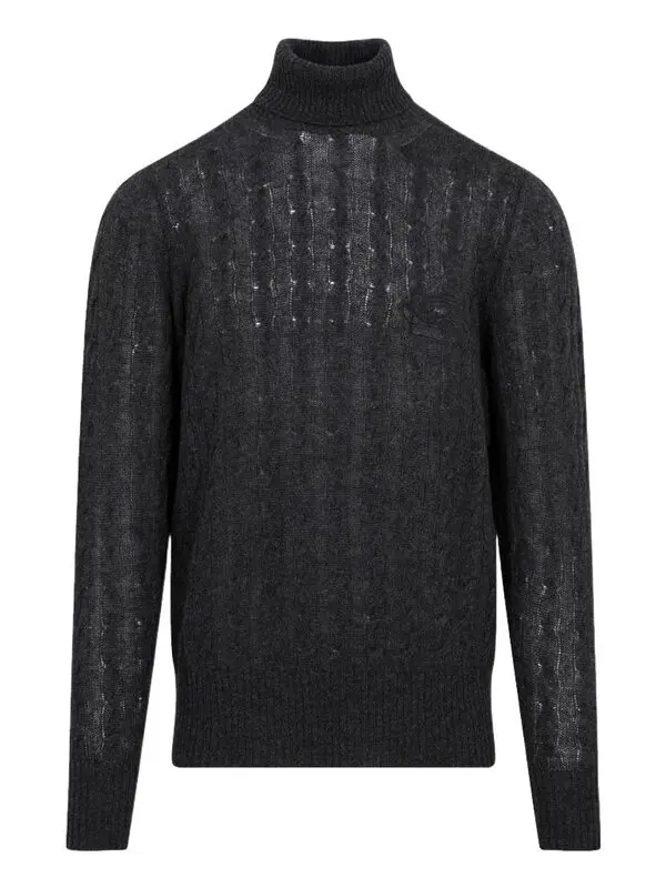 Etro Logo Embroidered Cable Knit Roll-neck Jumper - Black
