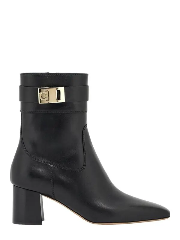 FERRAGAMO Logo Buckle High Heel Boots - Black
