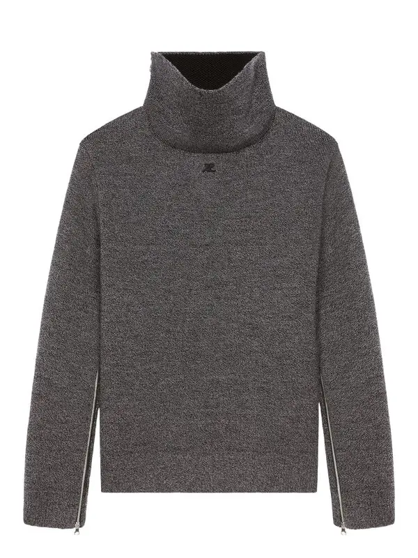 COURREGES Courrèges Ribbed Wool Mockneck Sweater With Zipped Collar And Sleeves - Black/gray