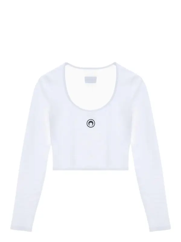 MARINE SERRE Round Neck Long Sleeve Cropped Ribbed Top With Embroidered Moon Logo - White