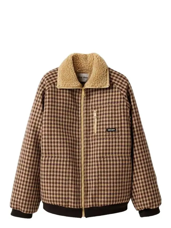 Miu Miu Fleece-lined Checked Blouson Jacket - Camel/cocoa Brown