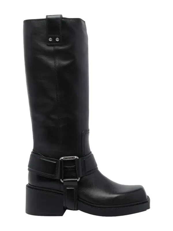 VIC MATIE Knee-high Leather Square Toe Block Heel Boots - Black