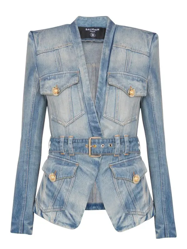 Balmain 1-button Belted Denim Jacket - Blue