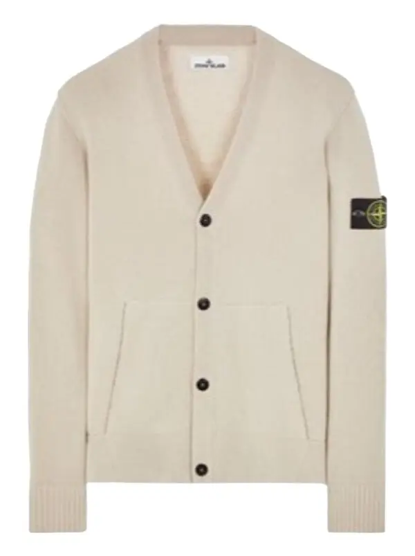 Stone Island V-neck Ribbed Cardigan With Compass Badge - Gypsum Color