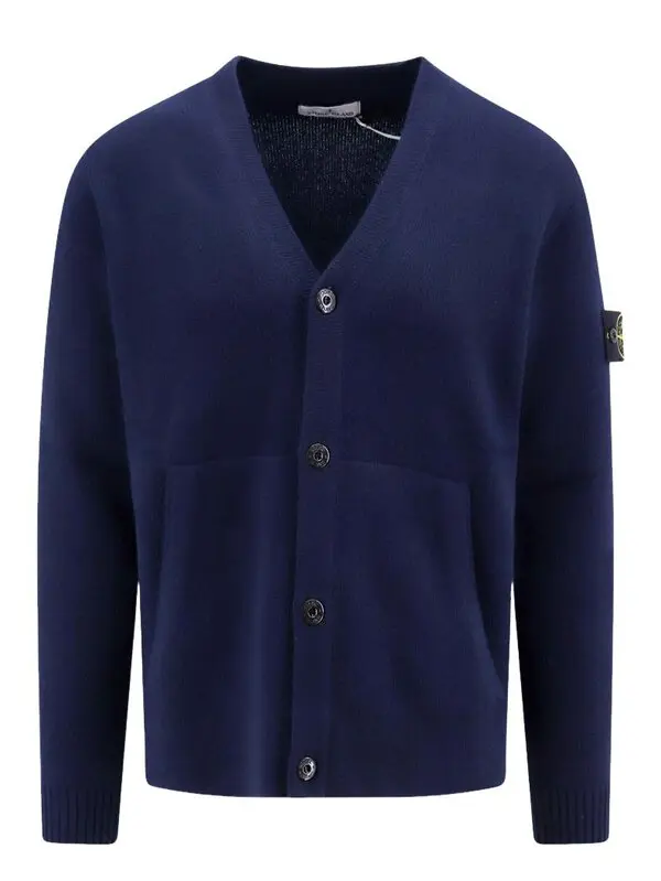 Stone Island V-neck Long-sleeved Knitted Cardigan - Blue