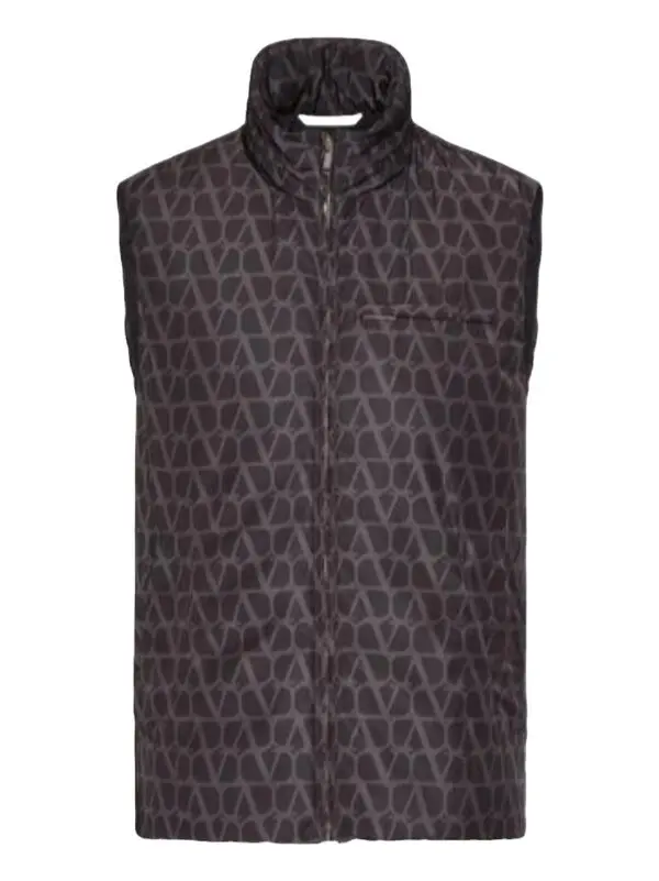 Valentino Garavani High Neck Zip-up Gilet With Iconograph Canvas Printing - Black