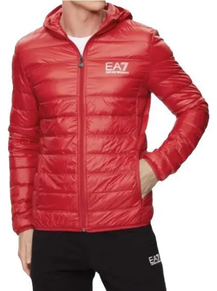 EA7 Hooded Down Jacket With Logo Print - Red