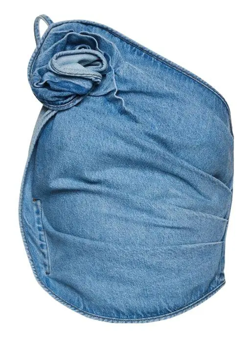 Magda Butrym One-shoulder Draped Denim Top With Flower Appliqu - Light Blue