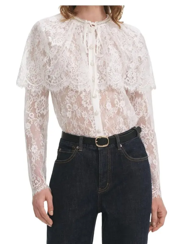 SELF-PORTRAIT Floral Lace Blouse With Diamanté Buttons - White