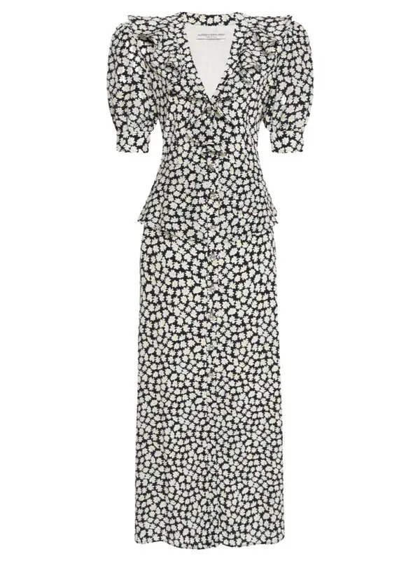 Alessandra Rich Floral Printed V-neck Midi Dress - Black And White