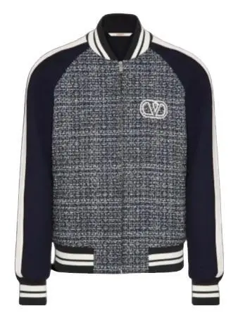 Valentino Garavani Logo Embroidered Zip-up Tweed Bomber Jacket - White/navy Blue