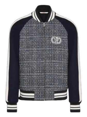 Valentino Garavani Logo Embroidered Zip-up Tweed Bomber Jacket - White/navy