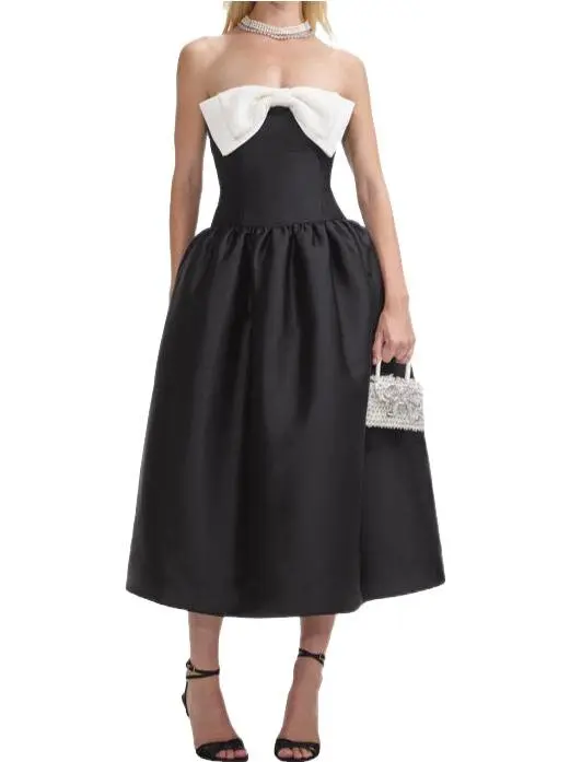 SELF-PORTRAIT Taffeta Contrast Bow Midi Dress - Black