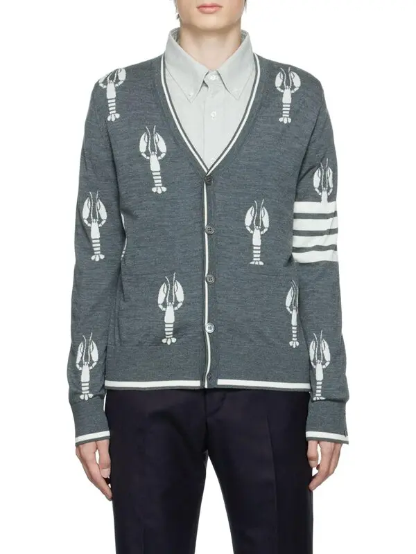 Thom Browne Lobster Intarsia Merino Wool V-neck Cardigan - Medium Gray