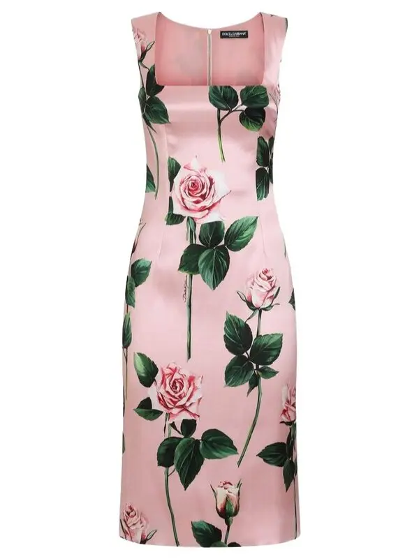 Dolce & Gabbana Sleeveless Floral Print Square Neck Midi Dress - Pink