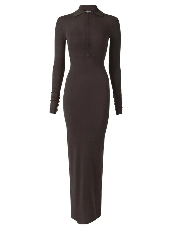 Jacquemus Long-sleeve Knit Dress With Embroidered 'j' Collar - Dark Brown