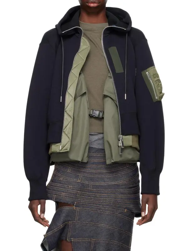 Sacai Zip-up Hooded Jacket With Drawstring And Paneled Design - Navy Blue/khaki