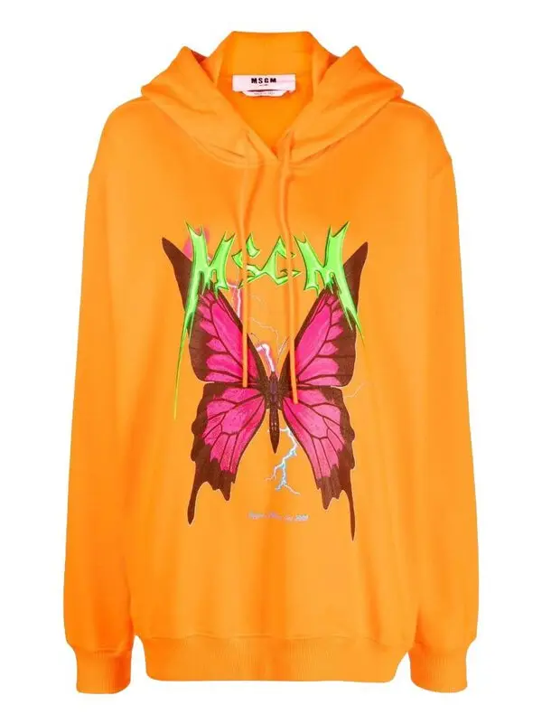 MSGM Graphic Print Cotton Hoodie - Orange