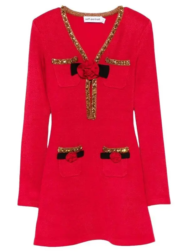 SELF-PORTRAIT Textured Knit Mini Dress With Floral Embellishment - Red