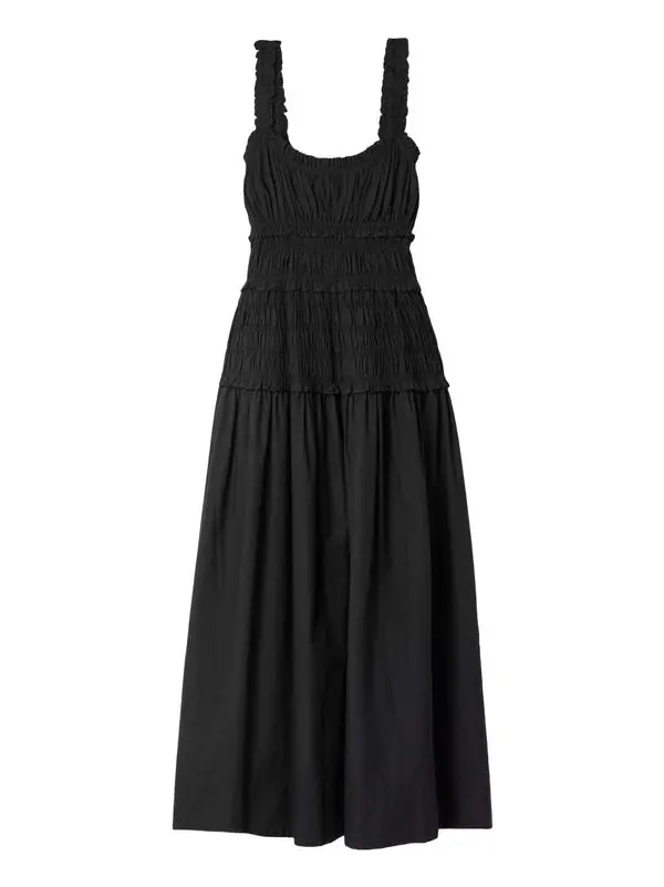 DÔEN Shirred Scoop-neck Dress With Ruffled Straps - Black