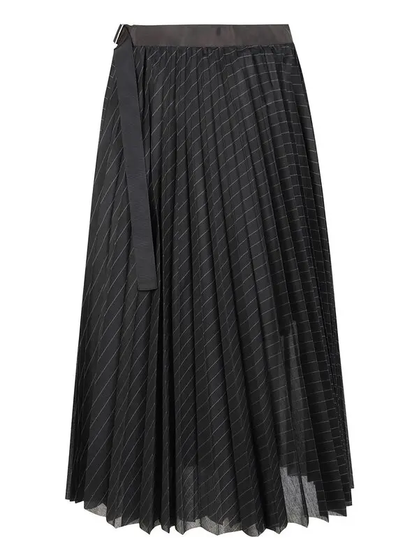 Sacai Pleated Striped Organza Skirt - Black