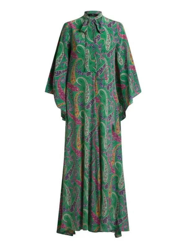 Etro Silk Long Dress With Floral Paisley Motif - Green