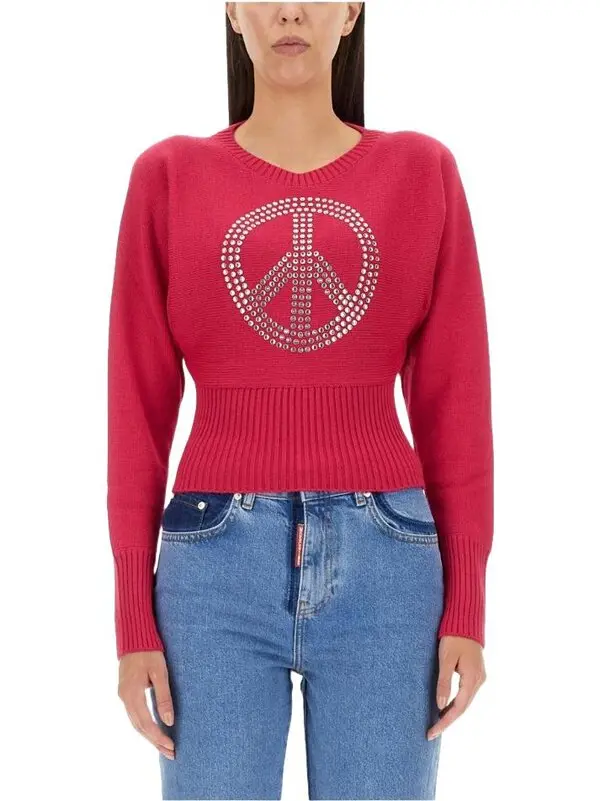Moschino Embellished Peace Sign Knit Sweater - Red