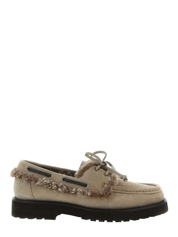 Brunello Cucinelli Shearling Trimmed Lace-up Boat Shoes - Black