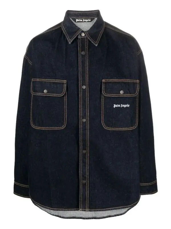 Palm Angels Logo Embroidered Denim Shirt - Black