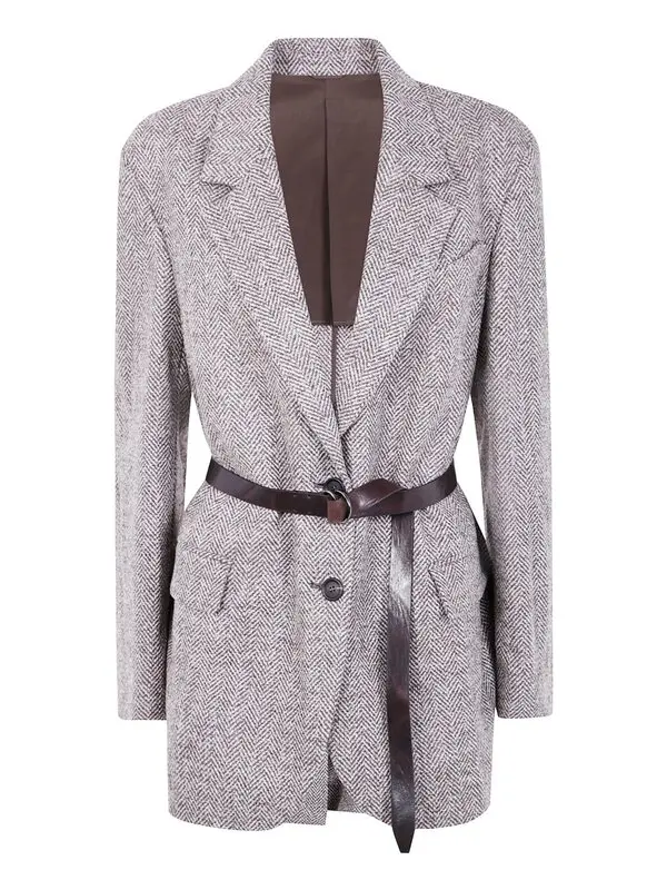 Brunello Cucinelli Herringbone Belted Jacket - Gray