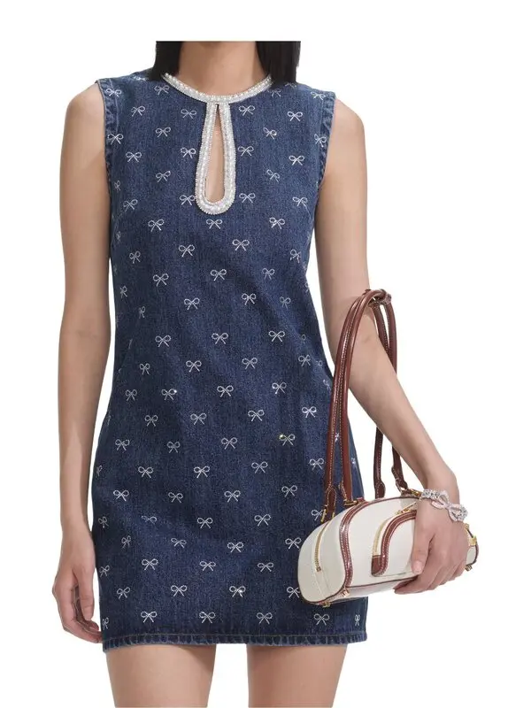 SELF-PORTRAIT Crystal-bow Embellished Denim Mini Dress - Multicolor