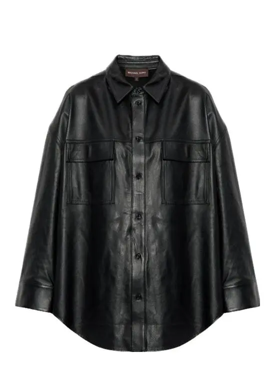Michael Kors Oversized Buttoned Leather Jacket - Black