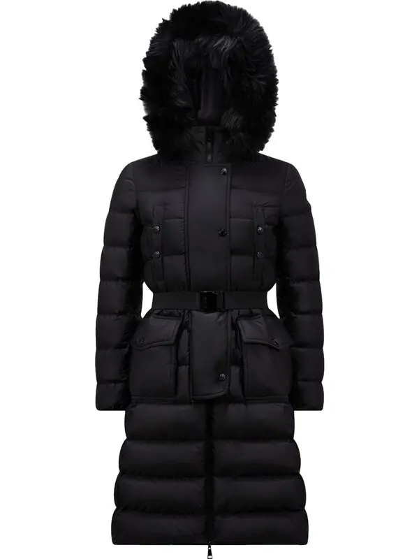 Moncler Khloe Belted Jacket With Hood And Fur Trim - Black