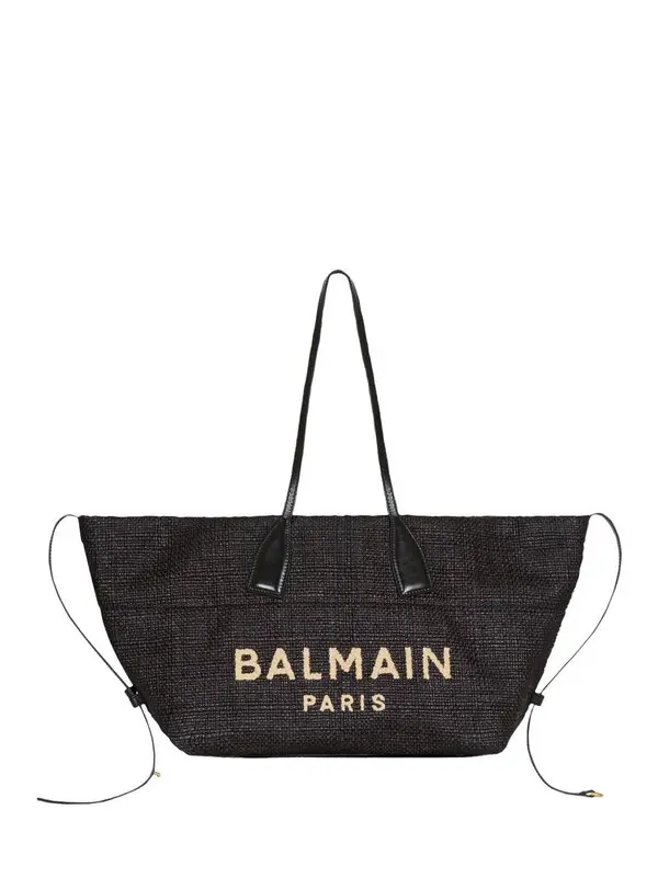 Balmain Raffia And Calfskin Track Tote Bag - Black