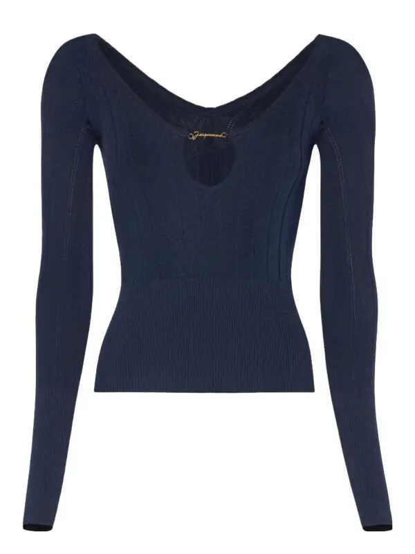 Jacquemus Ribbed Knit Long Sleeve Top With Gold Detail - Black