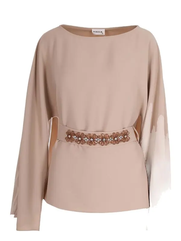 P.a.r.o.s.h Long Sleeve Round Neck Top With Embellished Belt - Nude